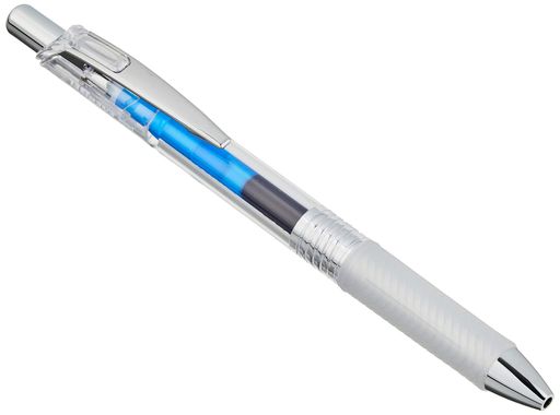 【特長】 スッと書けてサッと乾く ゲルインキボールペン 【インキ色】青 【ボール径】0.5mm 【材質】後軸・頭冠=再生PC ノック・前軸=ABS樹脂メッキ グリップ=エラストマー クリップ=鉄