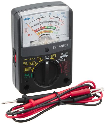 直流電圧(DC V):30V(12V/24V 自動車用バッテリー) 交流電圧(AC V):150V/300V(家庭用コンセント電圧) 導通チェック:約100Ω以下でブザー音 電池チェック:1.5V...単1/単2/単3/単4/ボタン電池、9...