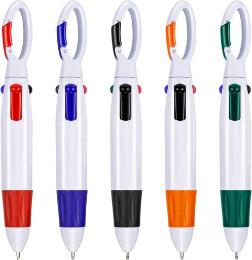 材質:プラスチック/ビーズ径:0.5mm/インク色:赤、青、緑、黒 セット内容:5本セット多色ボールペン。単品サイズ:全長約14cm/重量14g。 丸くて快適なペンシャフト、4色を簡単に切り替えられますペンの上部は持ち運びに便利なカラビナデ...