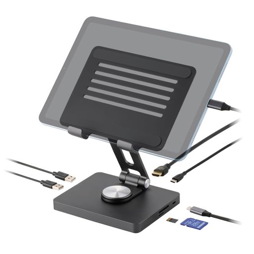 タブレットを置いて充電しながら6ポートに拡張、HDMI(R)で大画面出力もできるスタンド型ドッキングステーションです。USB機器・SDカード・HDMI・USB Power Delivery充電器をこの1台にまとめて接続できます。 タブレット...