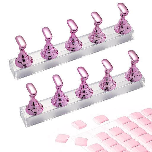 プレスオンネイルスタンド:アクリルオーロラネイルベース2個、ピンクの練習用ネイルホルダー10個、ピンクの再利用可能な粘着パテが付属します。ネイルを塗るためのネイルホルダーは、ネイルアートを飾るのに最適です マグネット設計:当社のネイル練習ラ...