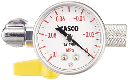 真空計:0~-0.1Mpa(0~-760mmHg)、40φ ボディ:5/16フレアメス(ポンプ側)、5/16フレアオス(ポート側)、気密用バルブ付 アダプタ:5/16フレアメスx1/4フレアオス TA150XAシリーズ用 ボールバルブは気密...