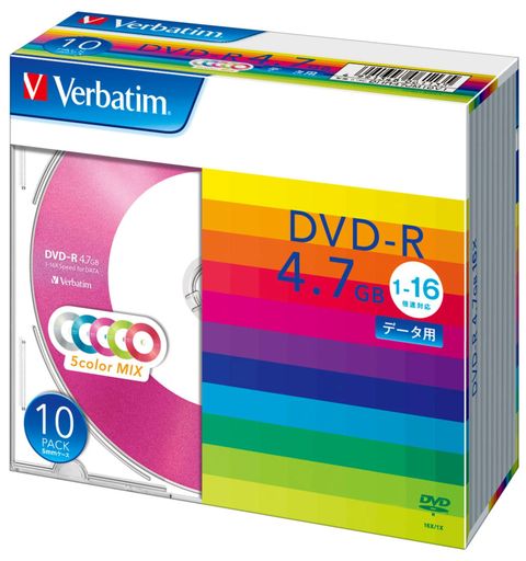 品種:データ用DVD-R 容量:4.7GB 1回記録用 盤面印刷:x(カラーMIXディスク) 倍速:1-16倍速、ケース:5mmスリムケース、入り数:10枚