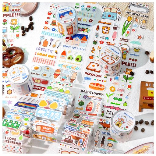 日常の食べ物をテーマにしたPETテープシールセットです。このシールで、毎日の食事準備がもっと楽しくなります!型抜きタイプなので、剥がして貼るのが便利です。専用のレシピカードと組み合わせると、さらに便利に使えます。 サイズ:幅広5cmx長さ2...