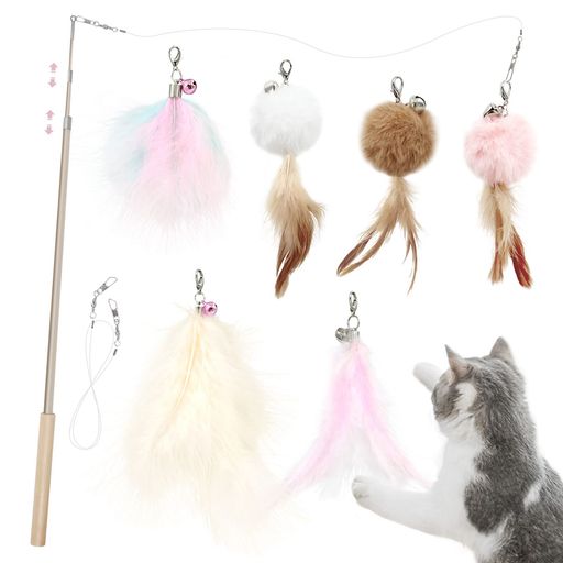 猫のおもちゃ:3色羽と3色ボールのセットです。羽がふわふわでボールがポンポンと跳ね飛び、夢中になって遊べるおもちゃです。 釣り竿:猫じゃらしの竿は32cmから72cmまで三段階に伸び縮みでき、軽量釣り竿タイプがビュンビュン跳ねてくれるので持...