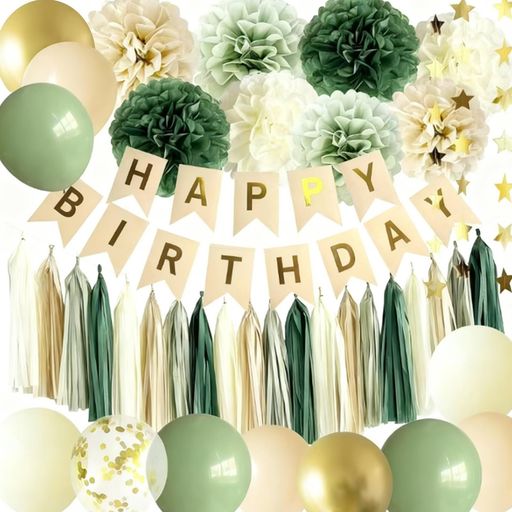 【バースデーバルーンペーパーファンフラワーセット】旗、ラテックスバルーン、ペーパーファンフラワーがセットになった、誕生日デコレーションの完璧なパッケージです。豊富な組み合わせで、複数のアイテムを購入する手間をかけずに、簡単にレイヤードな誕生...