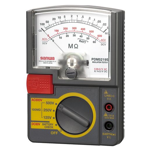 定格測定電圧(V/MΩ):125/100、250/100、500/100 最小表示(MΩ):0.1 交流電圧(V):600 幅x奥行x高さ:99x43x144mm 電源:積層型9V乾電池(6LR61)x1本(付属)