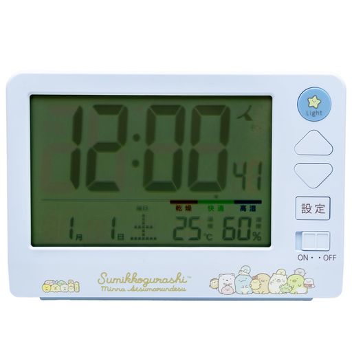 本体サイズ:(約)高さ12.0x幅17.5x奥行き5.0cm 本体重量:(約)217g 機能:電波受信機能・温度計機能・湿度計機能・電子音アラーム機能・スヌーズ機能・バックライト機能 電源:単3型乾電池x2本 (別売)
