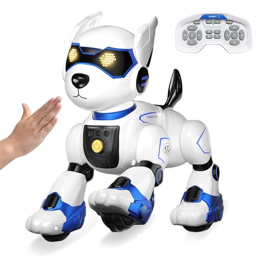 【多機能犬型ロボット】新登場の進化版多機能の犬型ロボットおもちゃは、前后左右、ダンス、ソング、音声制御、手振り制御、リモートコントロール、10種動物の物真似をする、甘える、怒り、逆立ち、腕立て伏せ、お座り、ヨガ、スリープ、吠える、プログラム...