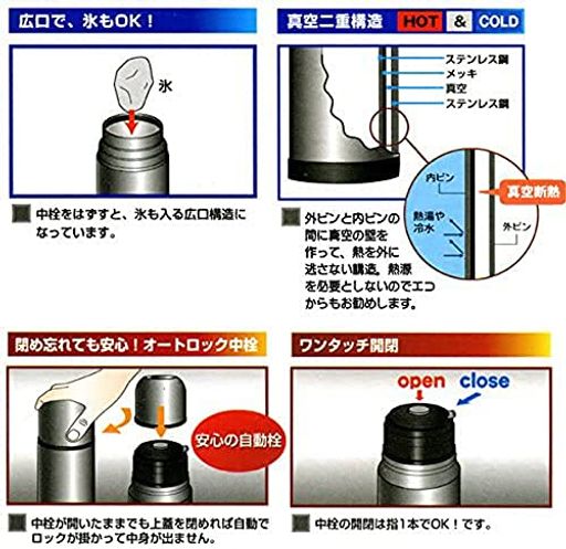 サイズ(約):7x7x24.3cm、容量:0.5L 本体重量(約):305g 素材・材質:本体/ステンレススチール、樹脂部/ポリプロピレン、中栓/ポリプロピレン 生産国:中国