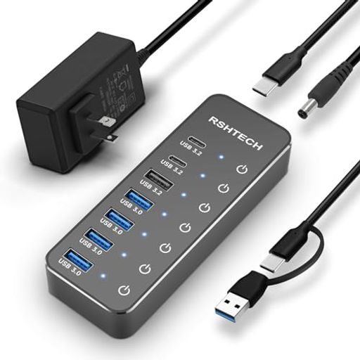 【7 IN 1ハイブリッドUSB ハブ】RSHTECH 7ポートUSBハブは、パソコン、デスクトップ、ゲーム機などに10Gbps USB A 3.2ポート、2 USB C 3.2ポート、4 USB A 3.0ポートを追加するために瞬時に拡張...