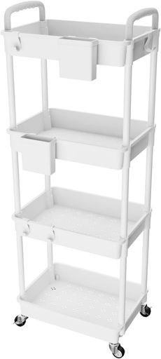 【大容量多機能キッチンワゴン】製品サイズ:38*27*102cm、特大サイズの高品質プラスチック製キャスター付きワゴンは、多くのモノを収納することができ、2つの収納カップと4つのフックが付属しており、収納力はさらに強化されています。キッチン...