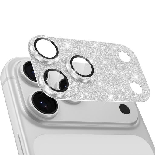 【対応機種】iPhone17ProMax専用カメラ保護フィルム。素材・特徴:表面右向き矢印キラキララメ加工、台座部分右向き矢印アルミ合金、カメラ部分右向き矢印9H強化ガラス。静電吸着技術により、位置を合わせてそっと置くだけで自然に吸着し、気...