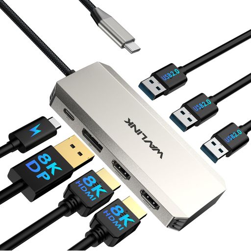 【多機能7-in-1 ドック】WAVLINKのパワフルな7-in-1マルチポートアダプターは、デュアルHDMIポート、1つのDPポート(Windows用に単一8K@60Hzをサポート、DP1.4+DSC1.2およびMac OS用に4K@60...