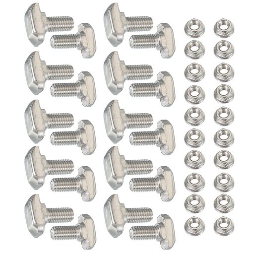 素材:炭素鋼ニッケルメッキ;ねじ径:M6;ねじ長:14mm;ヘッドサイズ:15.5x8x5mm(LxWxTHK);ステップサイズ:2x8mm(HxW);パッキングリスト:Tスロットボルト20本、六角フランジナット20個 利点:ニッケルメッキ...