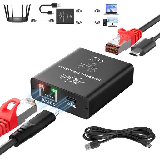 【RJ45入力 to RJ45+USB Type-C出力ラン分配器】Mygattiネットワークスプリッターは、干渉のない信号伝送を保証し、RJ45入力ポートをRJ45 &amp; USB-C出力ポートに簡単に接続して、2台のデバイスの同時接...