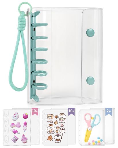 ✅【A7サイズバインダー本体+充実のセット品】透明カラーがおしゃれで可愛い8分音符シールバインダー!セット内容:(1)バインダー本体(2)カードポケットリフィル(2層構造/プラスチックシート)x10枚(3)シール台紙(下敷き)x10枚(4)...