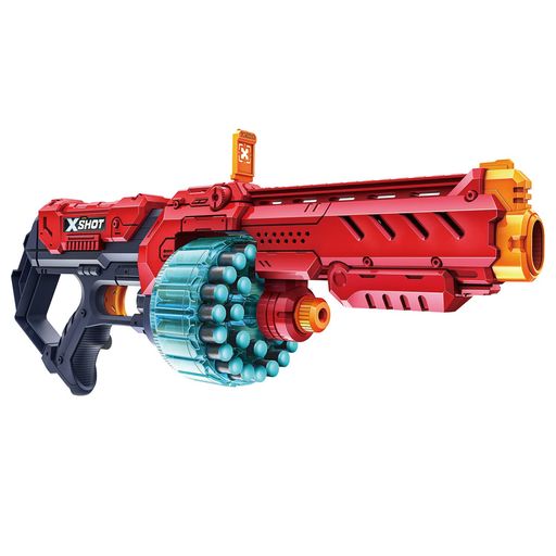 (C)ZURUInc. スポンジのソフトダーツで狙い撃て!赤いボディがクールなエックスショットを持って華麗にシューティング!! 全長約60cmのビッグサイズ!巨大シリンダーで20連射が可能!