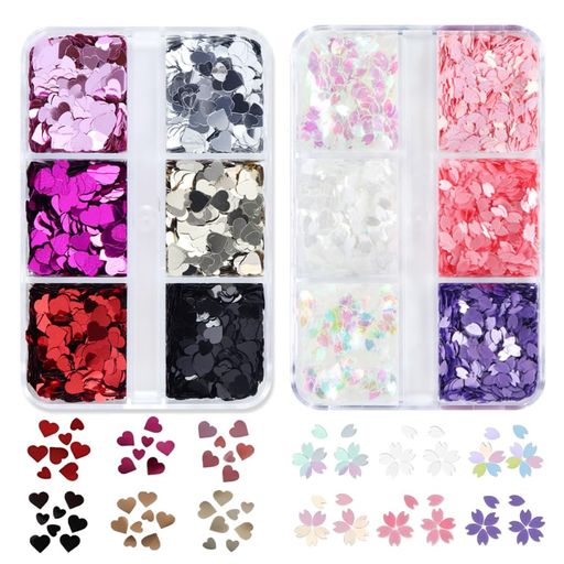 【パッケージ】6グリッドネイルホログラムx2ケース。桜の花びら6色+ハート6色の豪華セット!たっぷり使えてコスパも、長く愛用できるアイテムです。 【キラキラ】ハートや桜の花びらのカラフルなスパンコールを散りばめ、角度によってキラキラ輝きます...