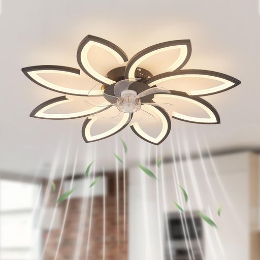 寝室 大光量節電 LED 天井ファンライト: 現代的な住宅のインテリア照明に最適です。薄型設計のシーリングファンライトは照明とリモコン操作機能を併せ持ち、最新技術を取り入れ、高品質な ABS 素材を使用しています。個性的な花びらデザインが視...