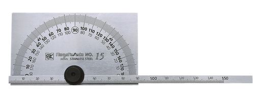 仕様:竿部スライドタイプ目盛付。 用途:角度の測定。 仕様:目量:1°・最大測定角度:180°・精度:プラスマイナス20プライム・本体:縦52mmx横90mmx厚1.2mm・竿:全長177mmx厚1.2mm・目量0.5mm・最大測定長150mm