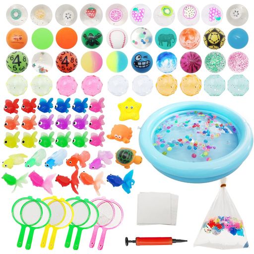 【商品詳細】スーパーボール:60個 、金魚:55ケ 、カニ1匹、カメ1匹、ヒトデ1匹、スペア紙:1セット(100枚)、ポイ:8ケ、金魚袋:10枚 、60cmプール:1個、エアポンプ:1個 、合計139点縁日おもちゃセット。ご注意:スーパーボ...