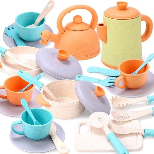 [おままごと キッチン セット】全部で35PCSのキッズキッチンアクセサリー: ティーポットカップ4個、鍋2セット、やかん1個、ティーポット1個、調理器具14pcs、まな板1個。キッチンクッキングやアフタヌーンティーパーティーの楽しい時間を...