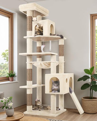 クライミング キャットタワー大型猫2~4匹用:この大型猫タワーには、大型キャットハウス2つ、大型ハンモック、そしてパッド入りのクッション付きの展望台付属しています。2~4匹の成猫が遊んだり休んだりするのに十分な広さです。 大型ハンモック:こ...