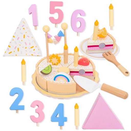 31 点フルセット: 誕生日ごっこ遊びに必要なすべてを揃えたおままごとセット 木製!6 枚のケーキスライス、ケーキトレイ、6 本のろうそく、6 枚の誕生日プレート、フォーク、イチゴデコレーションなど 31 点が含まれ、女の子 おもちゃとして...