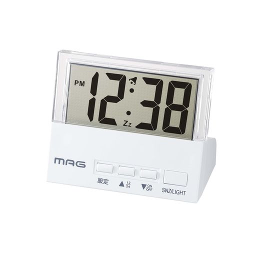 本体サイズ:(約)高さ6.2x幅7.7x奥行き4.4cm 本体重量:(約)70g 材質:樹脂、ガラス 機能:時刻表示、12/24時間表示切替、電子音アラーム、スヌーズ機能、LEDバックライト (残照機能付き) 推奨電池:単4アルカリ乾電池x...