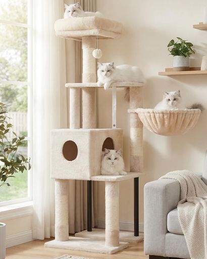猫の運動と遊び, 猫の休憩とリラックス, スクラッチ, 猫に遊び道具の提供 【立って触れる猫の見晴台】125cmの適正高さで猫が窓外を眺められ、飼い主は立ったまま自然な交流ができ、心地よく暖かに付き添うことができます。取り外し可能なクッショ...