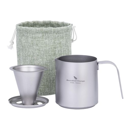 【商品詳細】:材質:チタン、重量(約):ポット77.2g + フィルター22g、容量(約):300ml、サイズ(約):コーヒーフィルター:上部直径7cm、高さ6.8cm、底部直径7.4cm、フィルター孔径0.1mm、コーヒーポット:上部直径...
