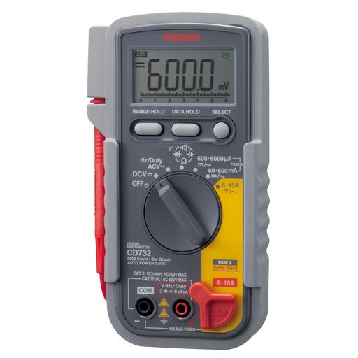 直流電圧:600m/6/60/600/1000V(最高確度プラスマイナス(0.5%+2)) 交流電圧:6/60/600/750V(最高確度プラスマイナス(1.2%+5)) 直流電流600μ/6000μ/60m/600m/6/15A(最高確度...
