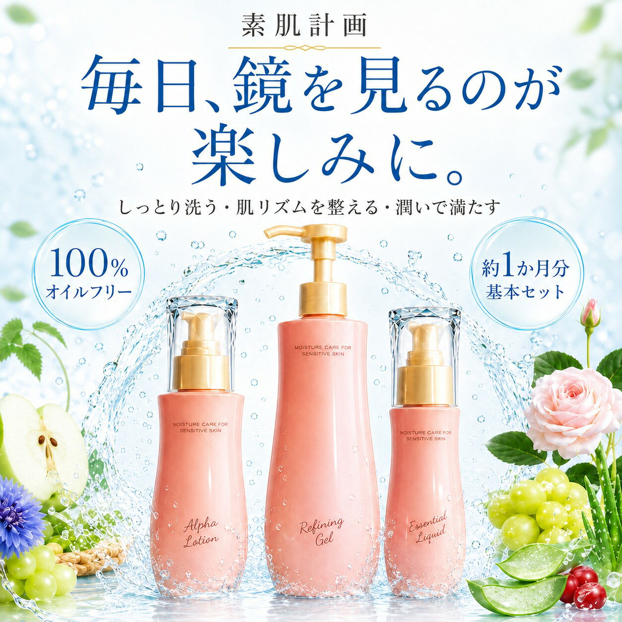 素肌計画 パーフェクトセットは、リファイニングジェル、アルファローション、エッセンシャルリキッドの3点セットです。 落とす、整える、うるおすという毎日の基本ケアを、まとめて続けたい方に向けたセットです。 リファイニングジェルは100%オイル...