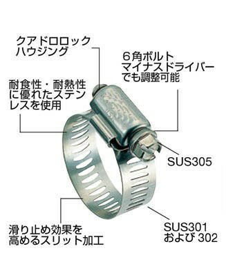 ■品番 F29302 59〜83mm ■機能・仕様 ・オールステンレスタイプのホースバンドで耐食性に優れています。 ・8.0mmの六角ボルト。マイナスドライバーでも調整可能です。 ・バンド巾12.7mm ■備考 ・スクリュー SUS305ス...