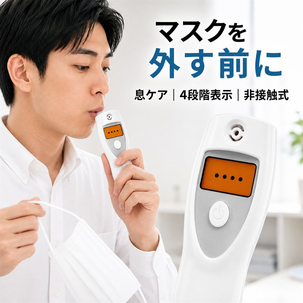 マスクを外す前に。毎日のエチケット習慣をサポートする携帯用ブレスチェッカーです。 【約10秒でかんたん口臭チェック】 息を吹きかけて、息の状態をスピーディーにチェックできます。測定結果は4段階で表示され、状態をひと目で確認できます。 【直感...
