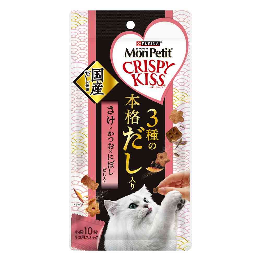 商品説明(製品の特徴)お魚を第1主原料に使用した、香り広がるクリスピーなおやつ。厳選した鮭だし・かつおだし・にぼしだしの3種をブレンド。魚介由来の贅沢なだしの香りと旨味が広がる美味しさ。成分／分量白身魚、チキン、米、チキンミール、牛脂、大麦...