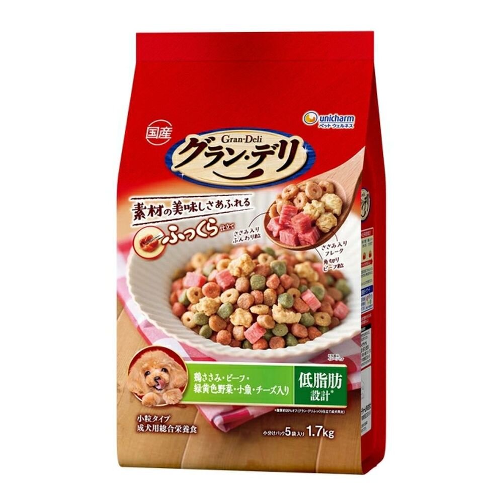 商品名グラン・デリ　ふっくら仕立て　低脂肪　鶏ささみ・ビーフ・緑黄色野菜・小魚・角切りビーフ粒入り　1．7kg内容量1.7KG商品説明・国産のお肉たっぷり、美味しいふっくら仕立てのグルメフード・角切りビーフ粒・もちふわ粒・ささみ入り大豆フレ...
