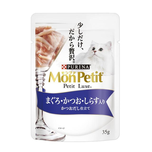 商品名モンプチ　プチリュクス　パウチ　まぐろ・かつお・しらす入り 内容量35g　【24袋セット】 商品説明（製品の特徴）厳選されたかつおを海の幸たっぷりのかつおだしと一緒にギュッと詰め込んだ贅沢メニュー 使用上の注意全ての必須栄養素を愛猫を...