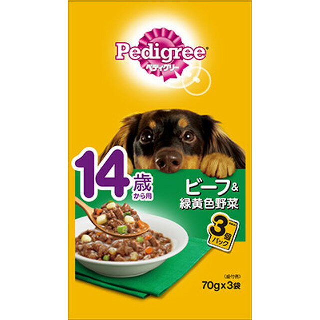 商品名PWP9　ペディグリー　14歳から用　ビーフ＆緑黄色野菜　70g×3袋内容量3フク商品説明14歳頃からの愛犬に必要な栄養がバランス良くとれる総合栄養食です。愛犬の大好きなビーフに、ビタミン豊富な緑黄色野菜を加えました。製造販売会社（メ...