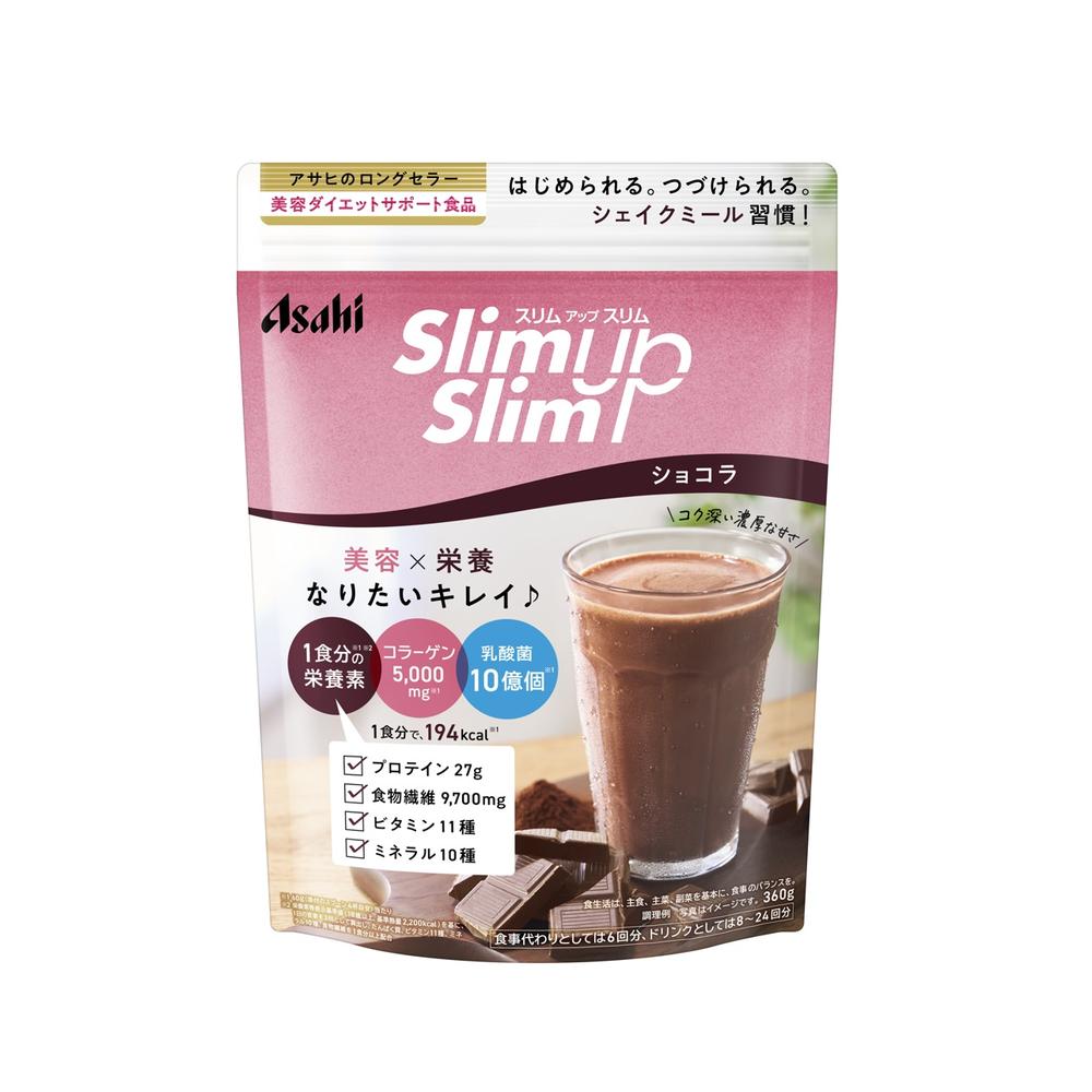 商品名スリムアップスリムPシェイク　ショコラ内容量360g商品説明●1食分の栄養素（プロテイン27g、食物繊維9,700mg、ビタミン11種、ミネラル10種）と美容系成分のコラーゲン5,000mgと乳酸菌10億個を配合。●1食あたり約194...