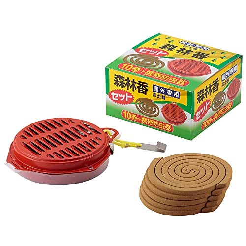 10巻-/10巻き + 防虫器/01114・パッケージ個数:1・普通の線香と比較して、線香の厚みを厚くして、煙の量を一段と多く出るように作られた農作業などに最適な森林香と、それ専用の線香皿のセット商品・直射日光を避け、湿気の少ない涼しい場所...