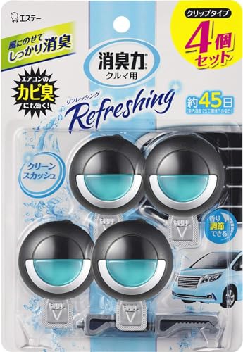 クリーンスカッシュ液色：クリア/4個/-・パッケージ個数:1・クリップタイプ風にのせて しっかり消臭。おしゃれでインテリア性の高いデザイン。・取り付け簡単車内のエアコン送風口に取り付けるだけ。香りの調節機能付き。・45日間持続25℃環境下で...