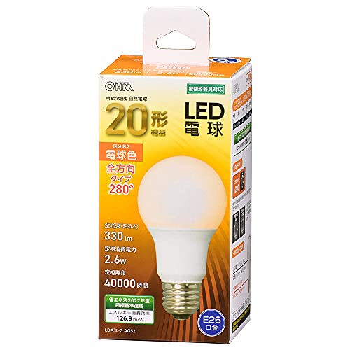 1)単品電球色/20W/LDA3L-G AG52・Style:1)単品Size:20W・パッケージ個数:1・定格消費電力：2.6W・全光束：330 lm・エネルギー消費効率：126.9 lm/W・平均演色評価数：Ra83・定格寿命：4000...