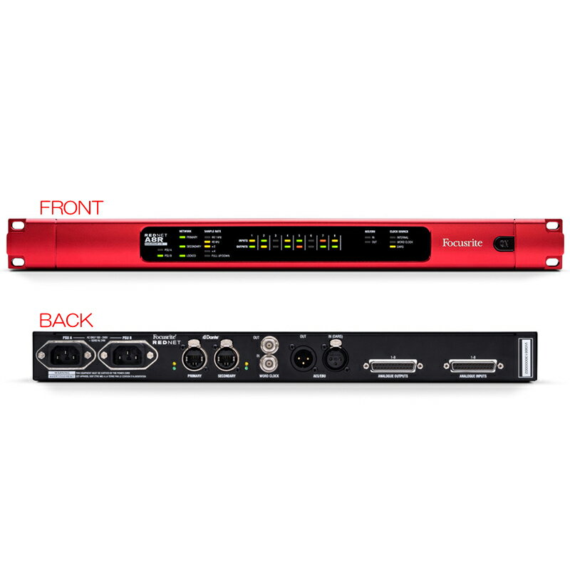 FOCUSRITE RedNet A8RDanteネットワーク対応、冗長化電源搭載の8チャンネルAD/DAコンバーター　RedNet A8Rは、Focusriteの1UラックDante対応インターフェイスです。ネットワーク機能と冗長化された...