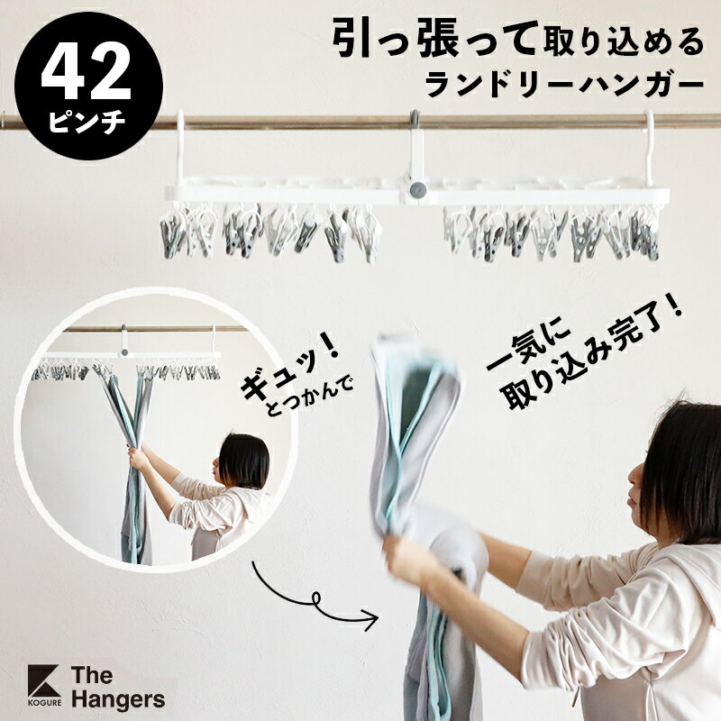 The hangers 引っ張って取り込めるハンガー 42ピンチ　 面倒な洗濯物の取り込み。引っ張るだけで完了！ これぞ洗濯革命！引っ張るだけであっという間に洗濯物の取り込みが終わるハンガーです。 ピンチをつまんで取り外す手間がなく、スルッ...