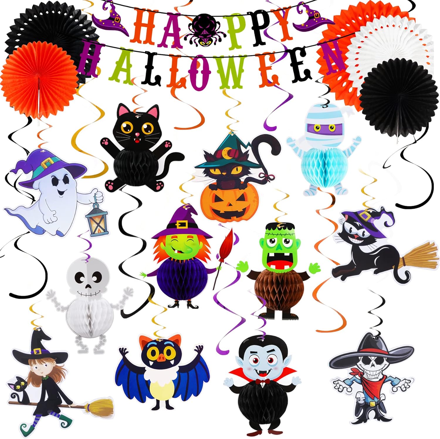 【商品仕様】ハニカムボール×6個、「HAPPY HALLOWEEN」のフラッグバナー×1セット、ハロウィンガーランド×6枚、ハンギングスワール×18本、ペーパーファン×5枚 【豊富な内容】このハロウィン 飾り付けセットには5種類のハロウィン...