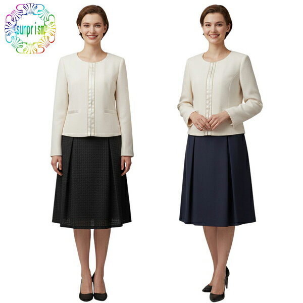 ■女性の体型を3Dで計測　体型分析から女性をキレイに魅せるシルエットを実現♪ ■ノーカラージャケット+ワンピース+スカートの3点セットスーツです。 ■ジャケットは膨れ織生地♪前立てにラメブレードが施されています♪ ■ワンピースは透け感のある...