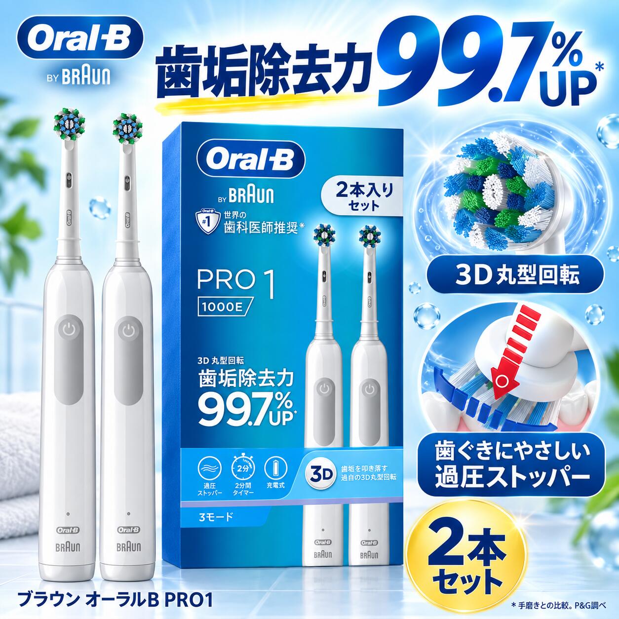 BRAUN Oral-B PRO1 電動歯ブラシ 2本セット ブランド ブラウン オーラルB / BRAUN Oral-B シリーズ PRO1 商品内容 電動歯ブラシ 2本セット ブラッシング方式 3D丸型回転 ブラッシングモード クリーン...