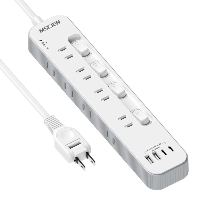 Mscienエムサイン 電源タップ usb付き 延長コード1m コンセントタップ 8個AC口 USB-A/Type-C 各2個口 個別スイッチ付き テーブルタップ たこあしコンセント 雷ガード たこあし配線 壁掛けにも卓上【12台機器同時充...